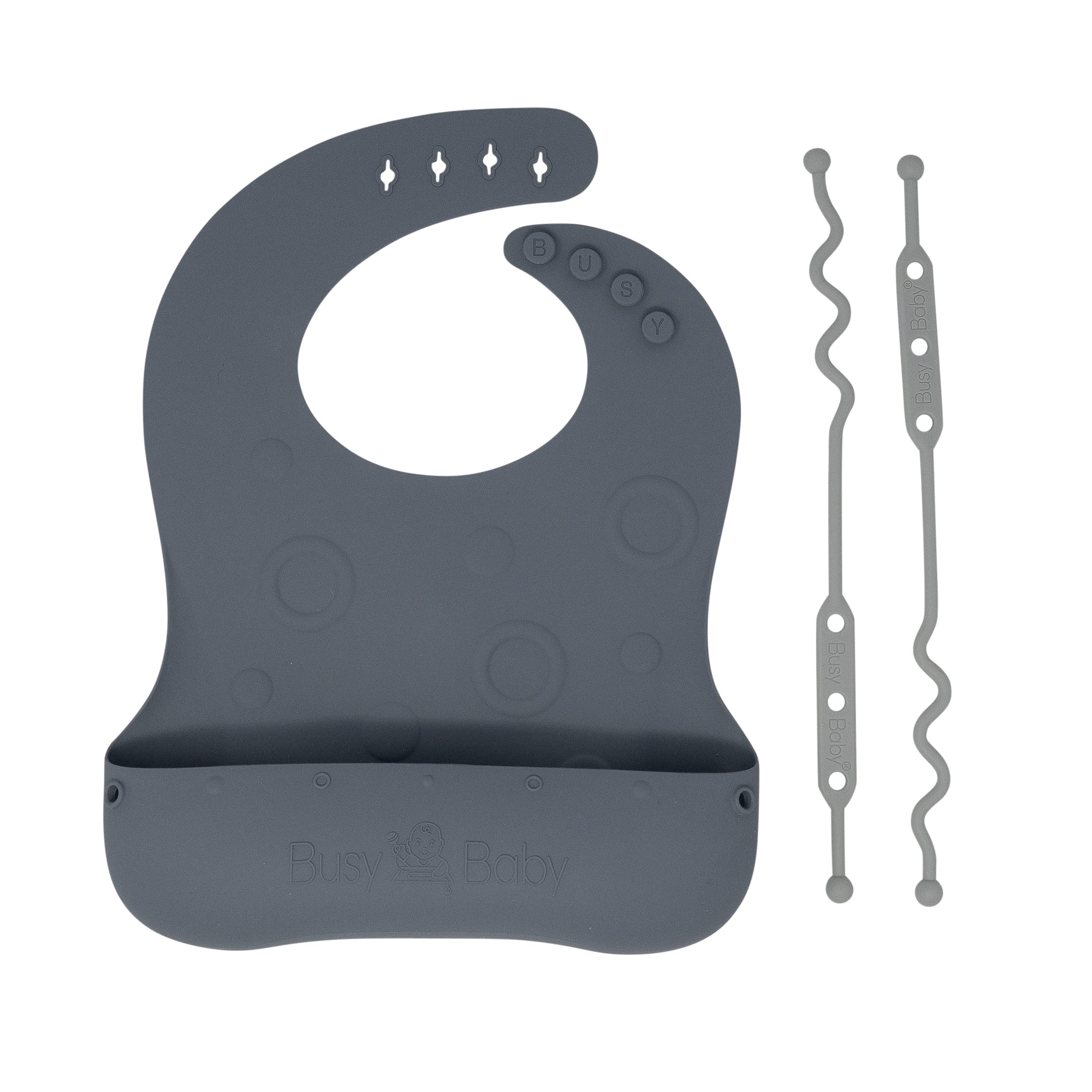 BUSY BABY - Silicone Baby Bib & Bungees, 1-Stop-Drop Travel Bib, 2-Silicone Bungees that Easily Attach to Bib & Keep Things Off the Floor (Pewter)