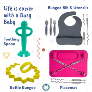 BUSY BABY - Silicone Baby Bib & Bungees, 1-Stop-Drop Travel Bib, 2-Silicone Bungees that Easily Attach to Bib & Keep Things Off the Floor (Pewter)