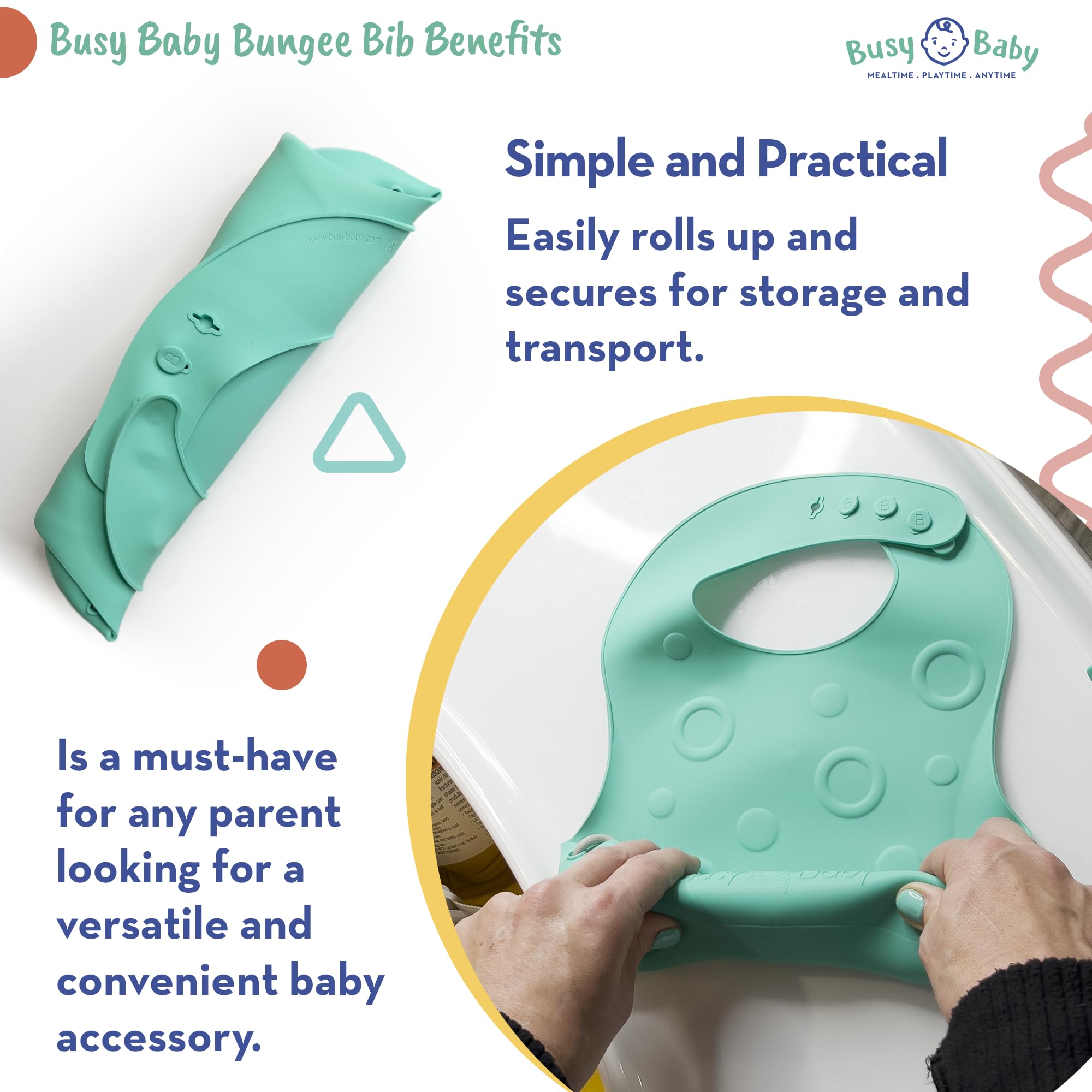 BUSY BABY - Silicone Baby Bib & Bungees, 1-Stop-Drop Travel Bib, 2-Silicone Bungees that Easily Attach to Bib & Keep Things Off the Floor (Pewter)