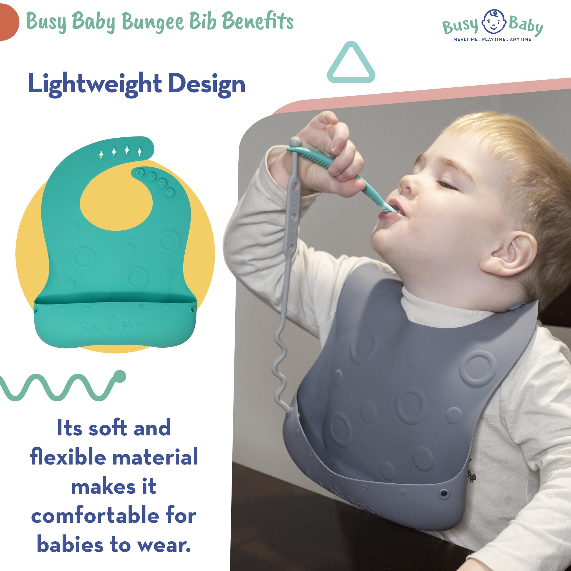 BUSY BABY - Silicone Baby Bib & Bungees, 1-Stop-Drop Travel Bib, 2-Silicone Bungees that Easily Attach to Bib & Keep Things Off the Floor (Pewter)