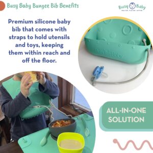 BUSY BABY - Silicone Baby Bib & Bungees, 1-Stop-Drop Travel Bib, 2-Silicone Bungees that Easily Attach to Bib & Keep Things Off the Floor (Pewter)