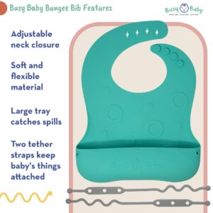 BUSY BABY - Silicone Baby Bib & Bungees, 1-Stop-Drop Travel Bib, 2-Silicone Bungees that Easily Attach to Bib & Keep Things Off the Floor (Pewter)