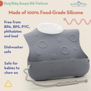 BUSY BABY - Silicone Baby Bib & Bungees, 1-Stop-Drop Travel Bib, 2-Silicone Bungees that Easily Attach to Bib & Keep Things Off the Floor (Pewter)