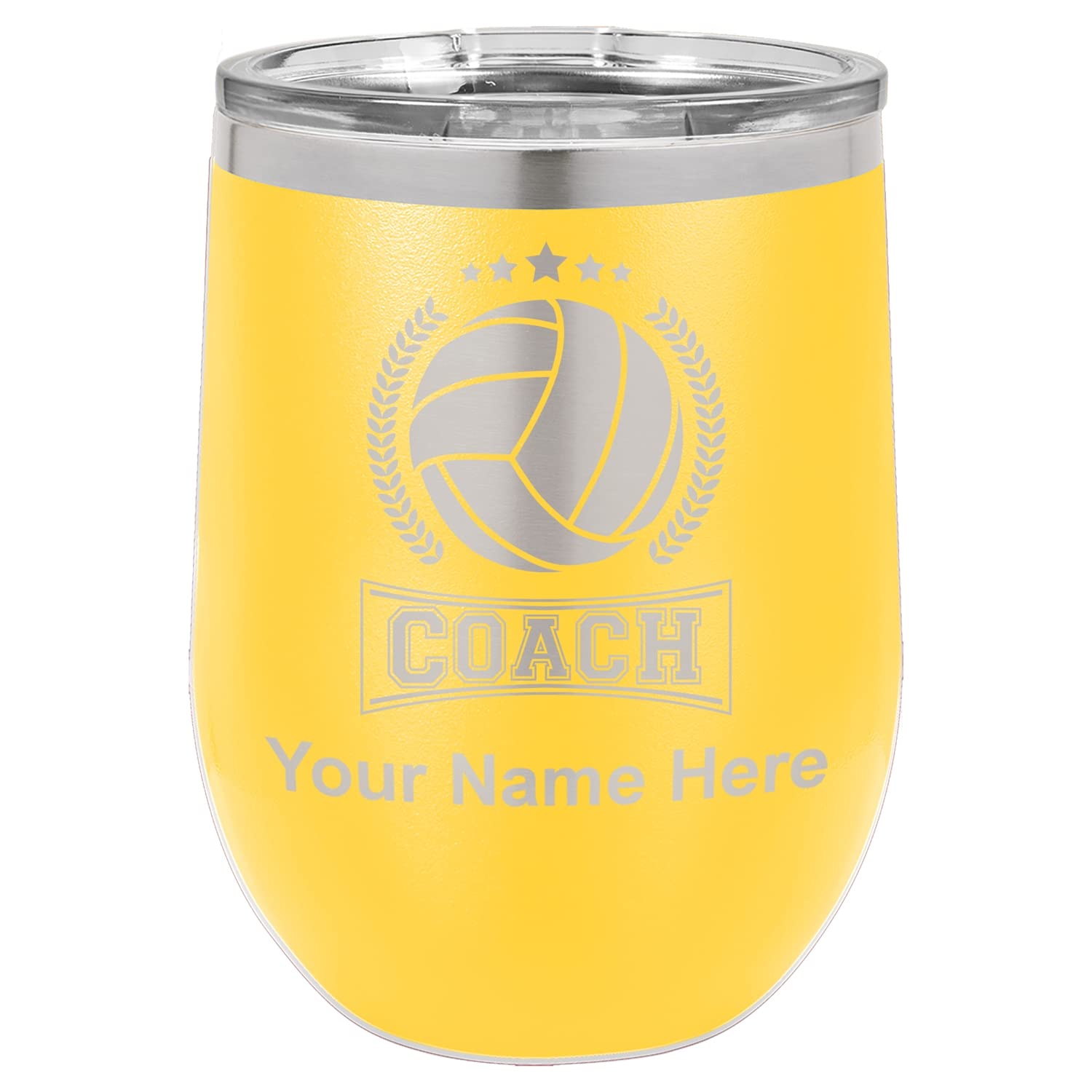 LaserGram Double Wall Stainless Steel Wine Glass Tumbler, Volleyball Coach, Personalized Engraving Included (Yellow)