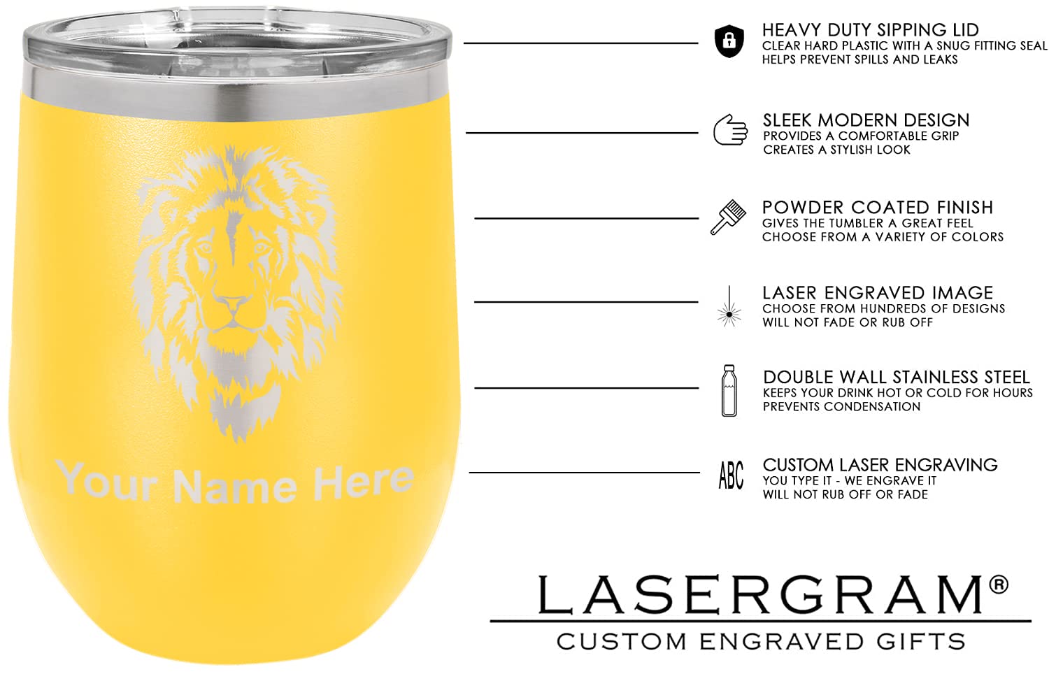 LaserGram Double Wall Stainless Steel Wine Glass Tumbler, Volleyball Coach, Personalized Engraving Included (Yellow)