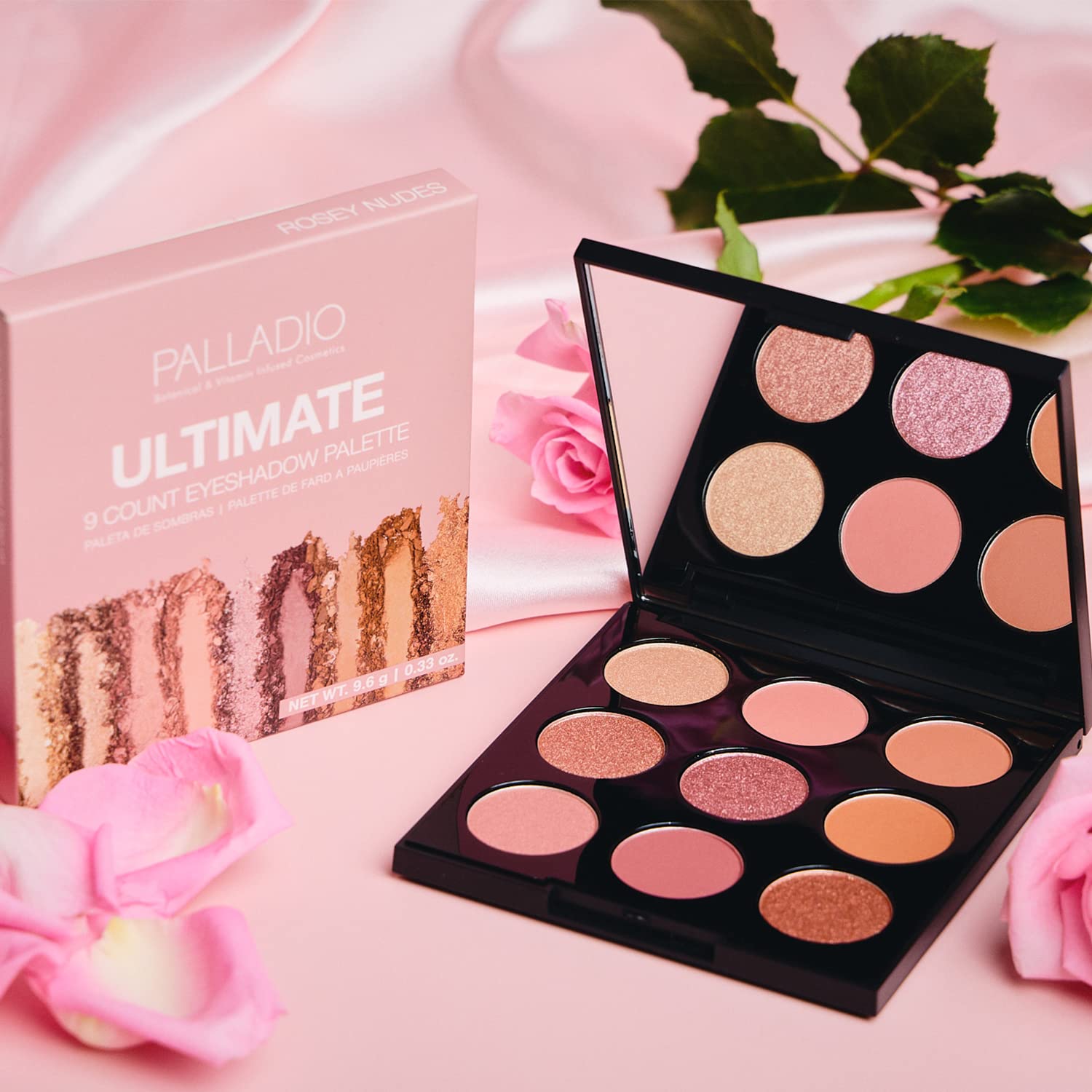 Palladio Ultimate 9-Count Eyeshadow Palette, Talc-Free Formula, High Pigmented Shades in A Mix of Matte & Shimmer Finishes, Blendable Long Lasting Colorful Professional-Grade Makeup (Rosey Nudes)