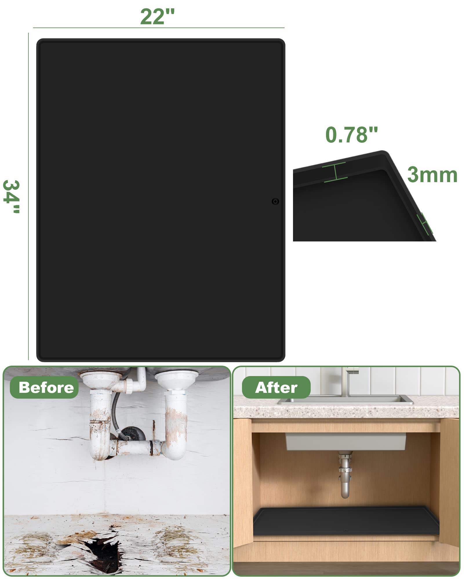 Under Sink Mat Waterproof 28"x22" Kitchen Cabinet Mat - Silicone Under Sink Liner Drip Tray with Drain Hole for The Kitchen, Bath, and Laundry Cabinets