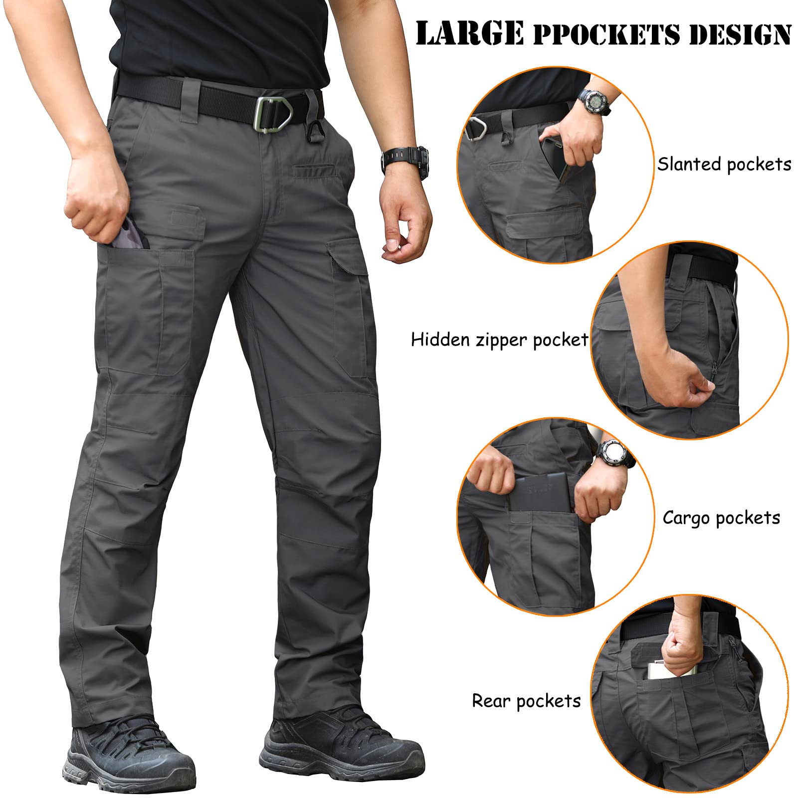 CARWORNIC Men's Ripstop Tactical Pants Waterproof Lightweight Work Pants EDC Army Uniform Combat Military Pants Multi Pocket Relaxed Fit Cargo Pants Casual Outdoor Hiking Trousers Grey