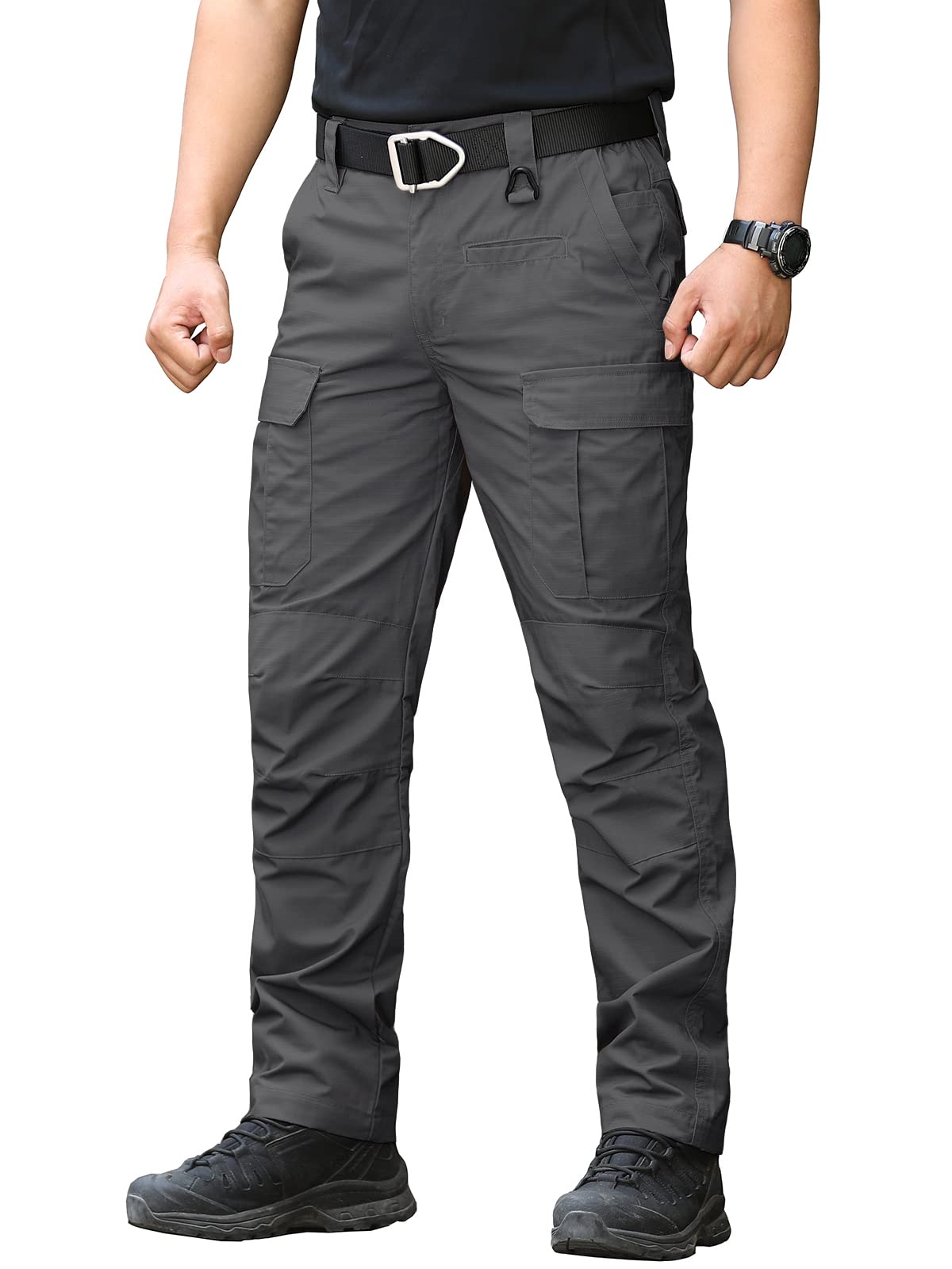 CARWORNIC Men's Ripstop Tactical Pants Waterproof Lightweight Work Pants EDC Army Uniform Combat Military Pants Multi Pocket Relaxed Fit Cargo Pants Casual Outdoor Hiking Trousers Grey