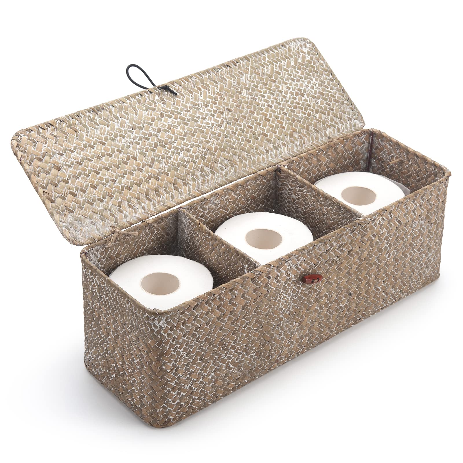 Whitewash Seagrass Tank Basket with Lid Woven Toilet Roll Storage Basket with Sections Rectangular for Organize Snack Toys (Large Compartment 16.5inch L x 5.5inch W x 5.5inch H)