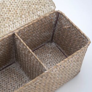 Whitewash Seagrass Tank Basket with Lid Woven Toilet Roll Storage Basket with Sections Rectangular for Organize Snack Toys (Large Compartment 16.5inch L x 5.5inch W x 5.5inch H)