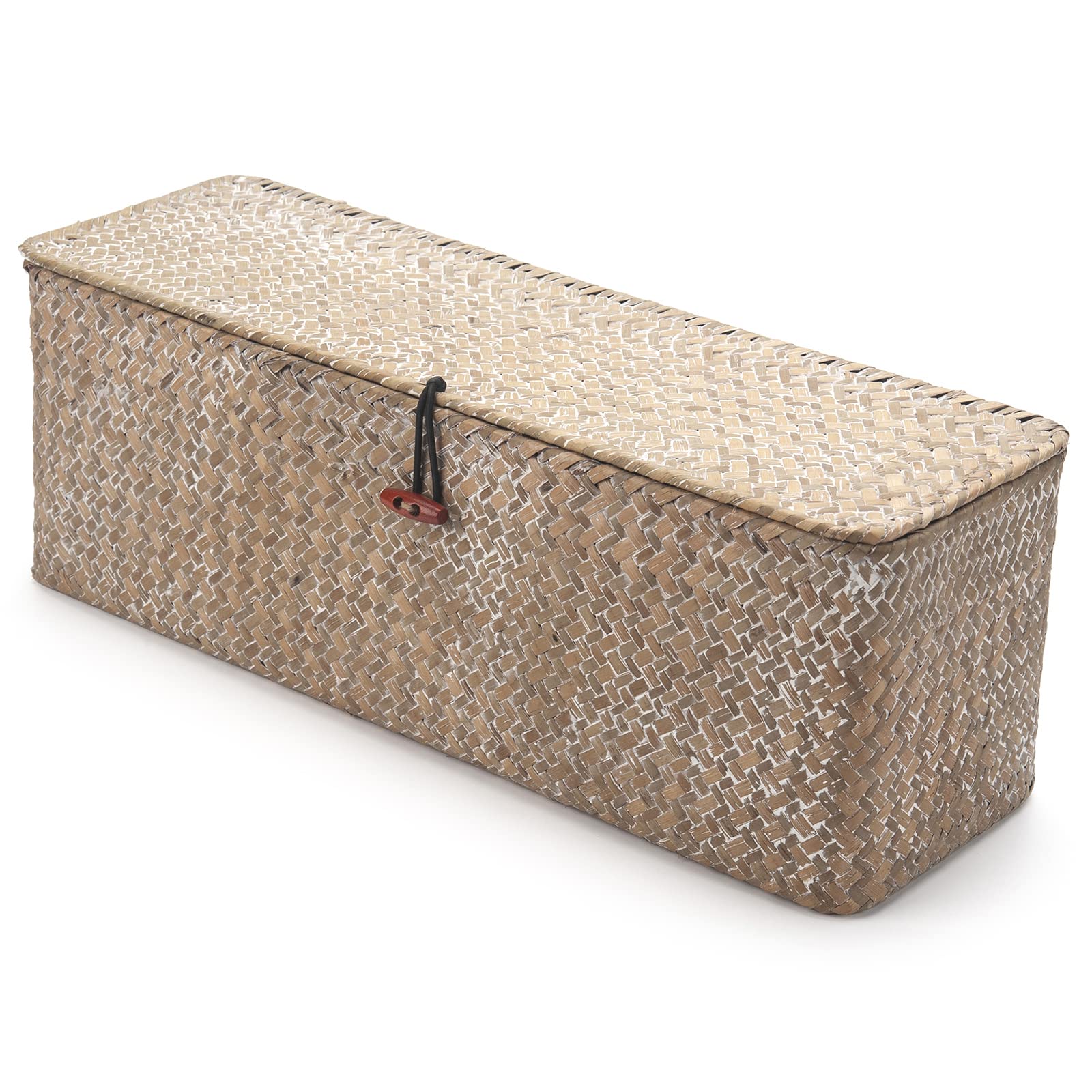 Whitewash Seagrass Tank Basket with Lid Woven Toilet Roll Storage Basket with Sections Rectangular for Organize Snack Toys (Large Compartment 16.5inch L x 5.5inch W x 5.5inch H)