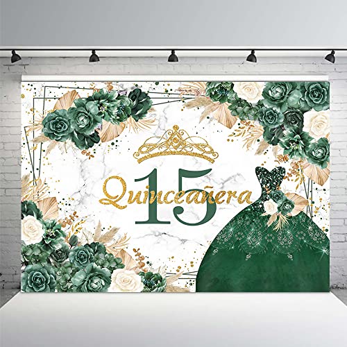 MEHOFOND Boho Floral Quinceanera 15th Birthday Backdrop for Girls Green Rose Pampas Grass Mis Quince Anos 15th Birthday Party Decorations Photography Background Gold Glitter Crown Photo Banner 8x6ft