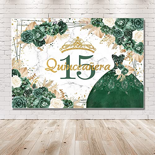 MEHOFOND Boho Floral Quinceanera 15th Birthday Backdrop for Girls Green Rose Pampas Grass Mis Quince Anos 15th Birthday Party Decorations Photography Background Gold Glitter Crown Photo Banner 8x6ft