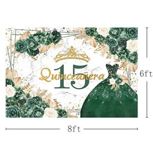 MEHOFOND Boho Floral Quinceanera 15th Birthday Backdrop for Girls Green Rose Pampas Grass Mis Quince Anos 15th Birthday Party Decorations Photography Background Gold Glitter Crown Photo Banner 8x6ft