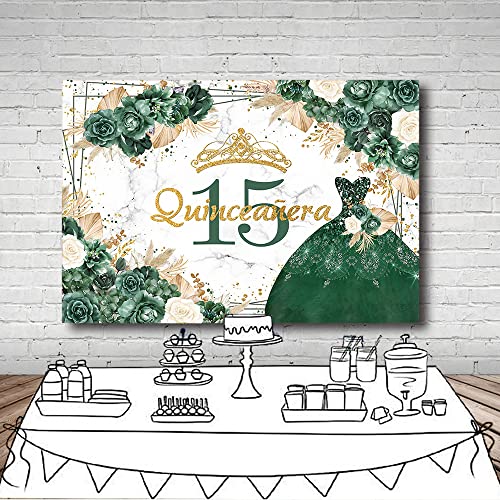 MEHOFOND Boho Floral Quinceanera 15th Birthday Backdrop for Girls Green Rose Pampas Grass Mis Quince Anos 15th Birthday Party Decorations Photography Background Gold Glitter Crown Photo Banner 8x6ft