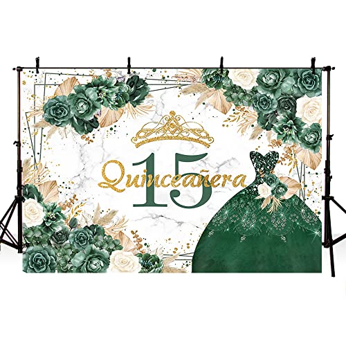 MEHOFOND Boho Floral Quinceanera 15th Birthday Backdrop for Girls Green Rose Pampas Grass Mis Quince Anos 15th Birthday Party Decorations Photography Background Gold Glitter Crown Photo Banner 8x6ft