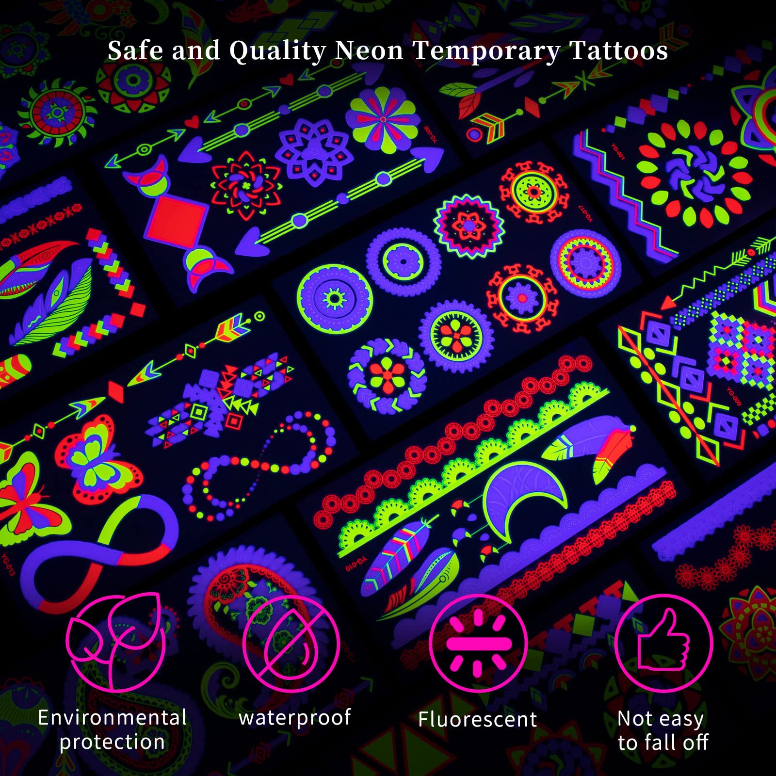 COKOHAPPY 20 Sheets Glow under UV Blacklight Neon Temporary Tattoo, 160+ Styles Neon Accessories for Glow Party, Blacklight, Bachelorette, Waterproof Luminous Fake Tattoo For Women Neno Party Rave Supplies