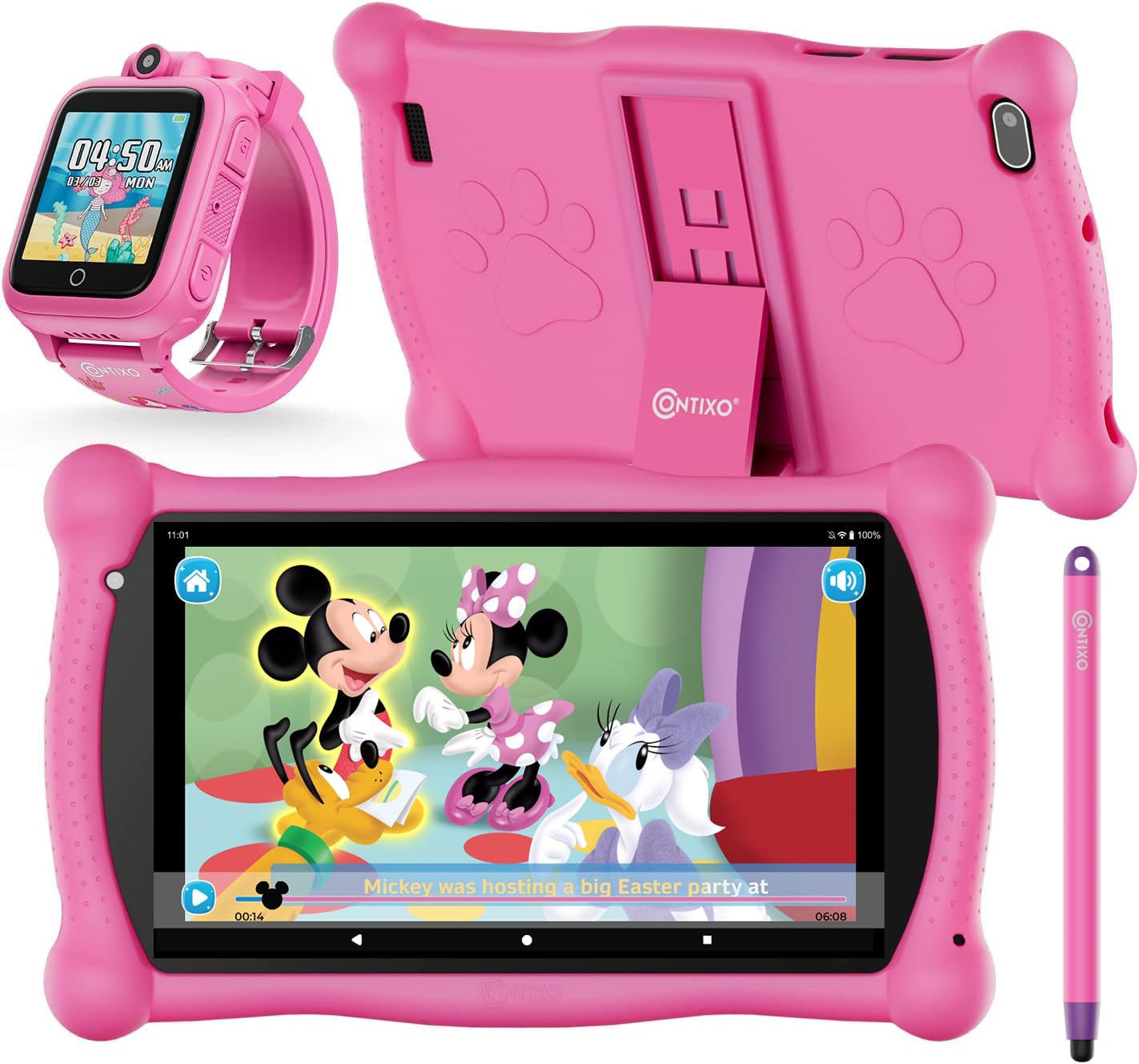 Contixo Kids Tablet, V10 7 Inch Tablet for Kids and Smart Watch Bundle, 2GB 32 GB Toddler Tablet with Bluetooth, with Smart Watch That Touch Screen, Camera, Video and Audio Recording (Pink)