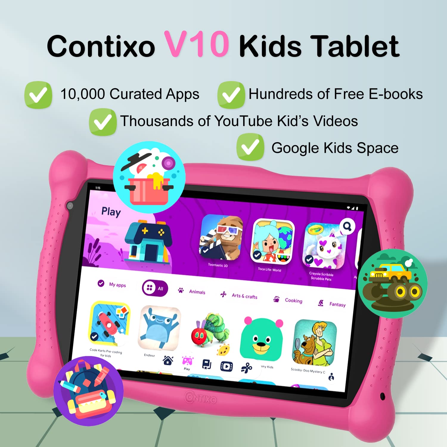 Contixo Kids Tablet, V10 7 Inch Tablet for Kids and Smart Watch Bundle, 2GB 32 GB Toddler Tablet with Bluetooth, with Smart Watch That Touch Screen, Camera, Video and Audio Recording (Pink)