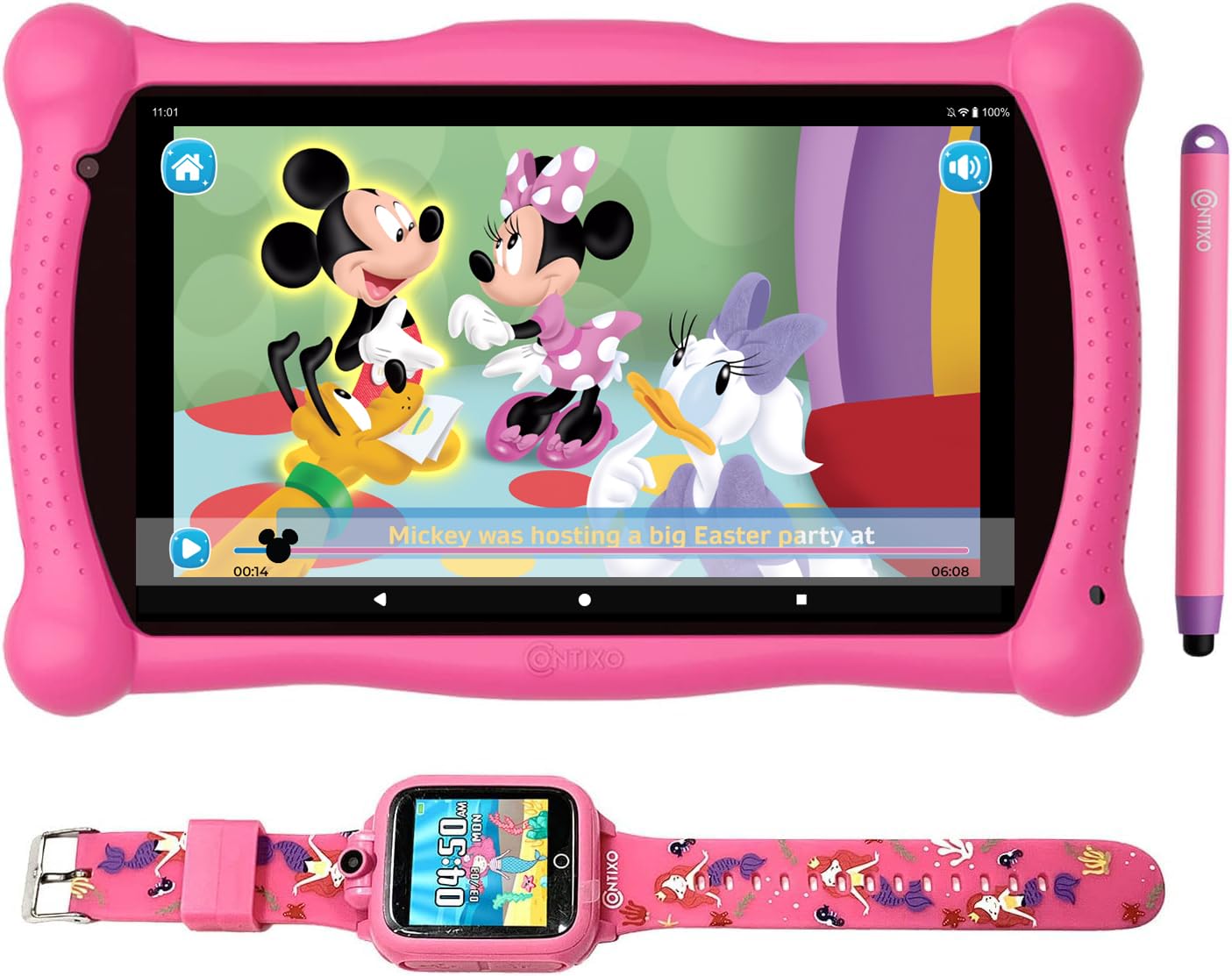 Contixo Kids Tablet, V10 7 Inch Tablet for Kids and Smart Watch Bundle, 2GB 32 GB Toddler Tablet with Bluetooth, with Smart Watch That Touch Screen, Camera, Video and Audio Recording (Pink)