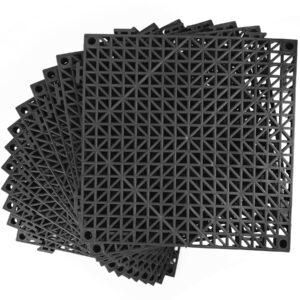 modular interlocking cushion 12 pack 11.8" x 11.8" rubber floor tiles non-slip splicing drainage mats for deck, pool, outdoor shower, patio, balcony, indoor bathroom, kitchen, yard (black)