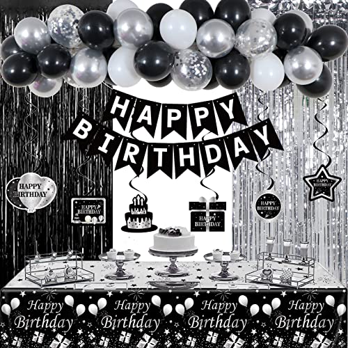 Black and White Birthday Party Decorations for Men Women, Black Silver Happy Birthday Balloons Arch for Boys Girls with Bday Tablecloth Fringe Curtains Hanging Swirls Suitable for All Age and Occasion