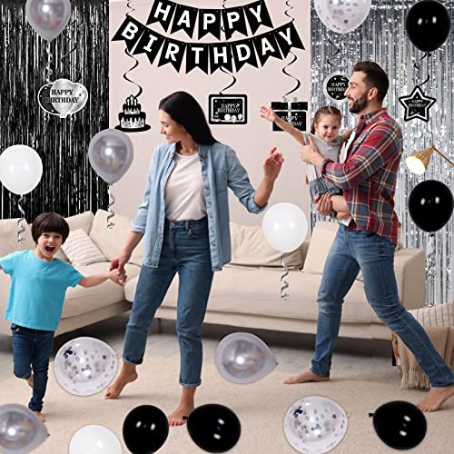 Black and White Birthday Party Decorations for Men Women, Black Silver Happy Birthday Balloons Arch for Boys Girls with Bday Tablecloth Fringe Curtains Hanging Swirls Suitable for All Age and Occasion