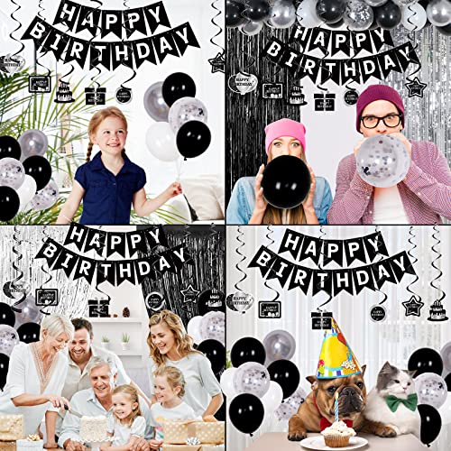 Black and White Birthday Party Decorations for Men Women, Black Silver Happy Birthday Balloons Arch for Boys Girls with Bday Tablecloth Fringe Curtains Hanging Swirls Suitable for All Age and Occasion