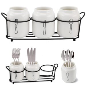 4 piece silverware holder for organizer countertop white ceramic silverware caddy with black metal rack, fork spoon utensil holder flatware organizers cutlery storage for kitchen tabletop cabinet