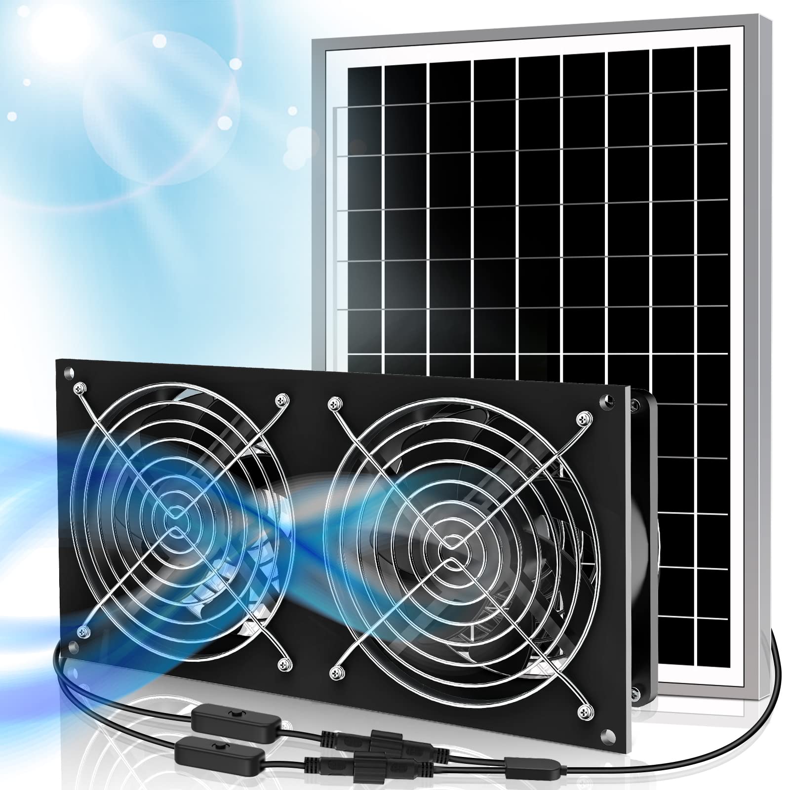 KHKVOCALIST Solar Fan-Solar Powered Fan-Solar Fan for shed- Solar Fan for Greenhouse, 15W Solar Panel + 2 Pcs High Speed DC Brushless Fan, for Chicken Coop,Dog House, DIY Cooling Ventilation Project