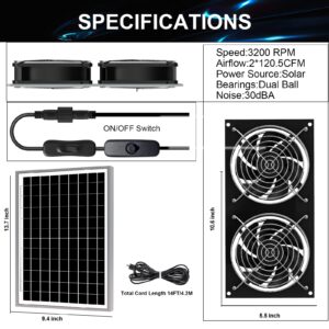 KHKVOCALIST Solar Fan-Solar Powered Fan-Solar Fan for shed- Solar Fan for Greenhouse, 15W Solar Panel + 2 Pcs High Speed DC Brushless Fan, for Chicken Coop,Dog House, DIY Cooling Ventilation Project