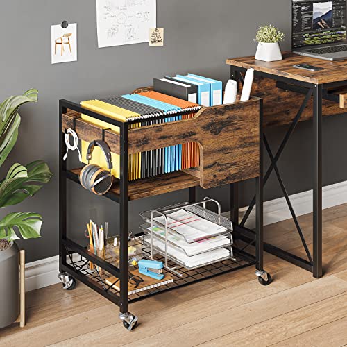 Bestier Rolling File Cart with Wheels Hanging Files, Legal & Letter Size Mobile Office File Organizer Cart with Open Storage Shelves and 2 Hooks (Rustic Brown, 16" D x 24" W x 27" H)