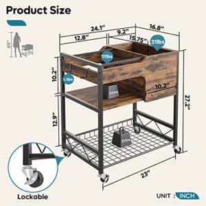 Bestier Rolling File Cart with Wheels Hanging Files, Legal & Letter Size Mobile Office File Organizer Cart with Open Storage Shelves and 2 Hooks (Rustic Brown, 16" D x 24" W x 27" H)