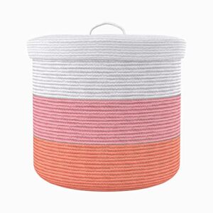 eco-living recycled cotton rope basket with lid,woven baskets for storage of blankets, baby toys, laundry, towels,nursery & living room organizer,eco-friendly & decorative basket, pink & white