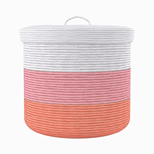 Eco-living Recycled Cotton Rope Basket with Lid,Woven Baskets for Storage of Blankets, Baby Toys, Laundry, towels,Nursery & Living Room Organizer,Eco-friendly & Decorative Basket, Pink & White