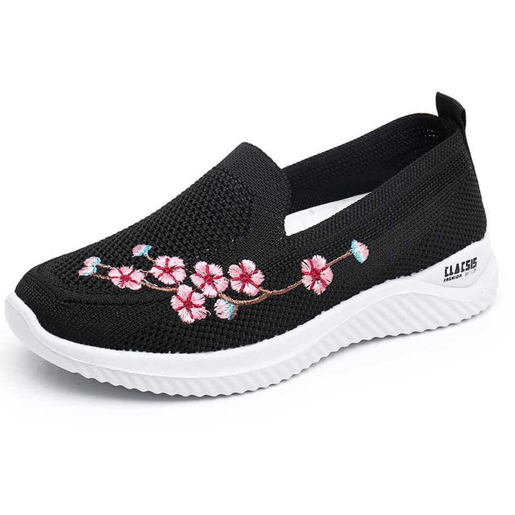 COVOYYAR Women's Slip on Shoes Casual Comfortable Tennis Floral Embroidered Walking Sneakers (7,Black)