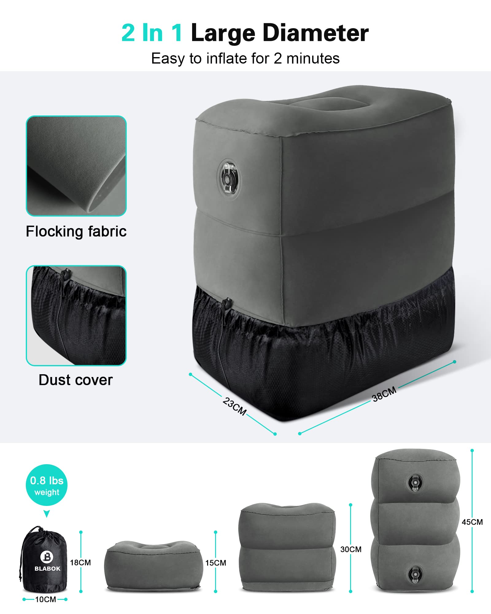 BLABOK Inflatable Foot Rest for Air Travel, Airplane Footrest Adjustable Height Travel Foot Pillow Kids Bed,Portable Foot Rest Pillow for Kids & Adults on Plane,Car,Train,Office (Dark Grey)