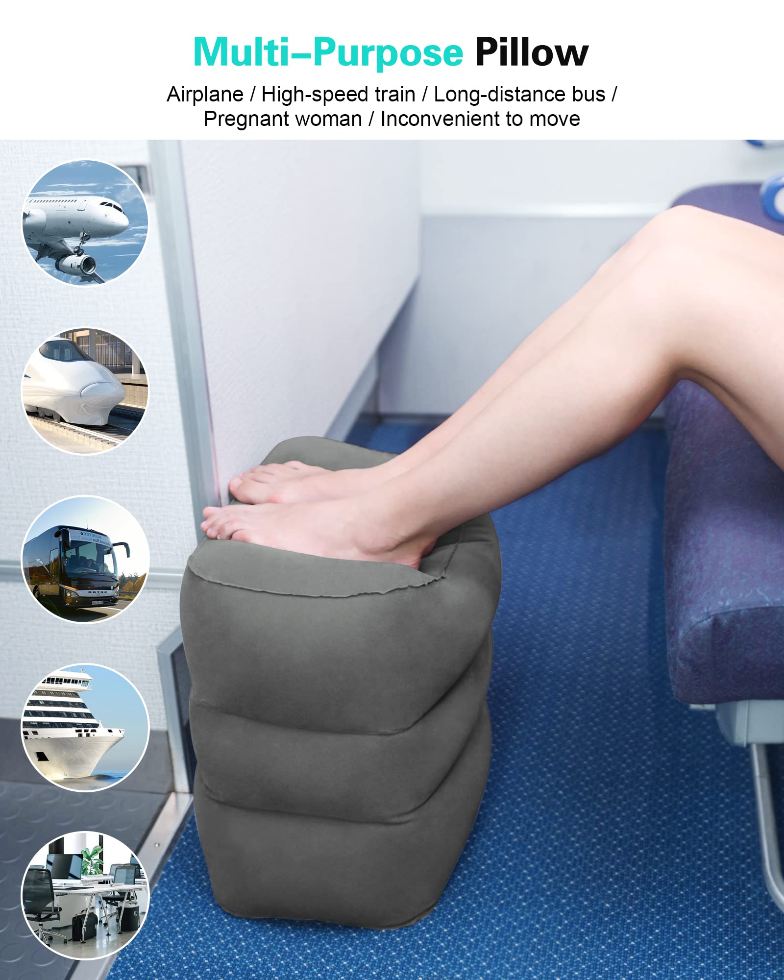 BLABOK Inflatable Foot Rest for Air Travel, Airplane Footrest Adjustable Height Travel Foot Pillow Kids Bed,Portable Foot Rest Pillow for Kids & Adults on Plane,Car,Train,Office (Dark Grey)