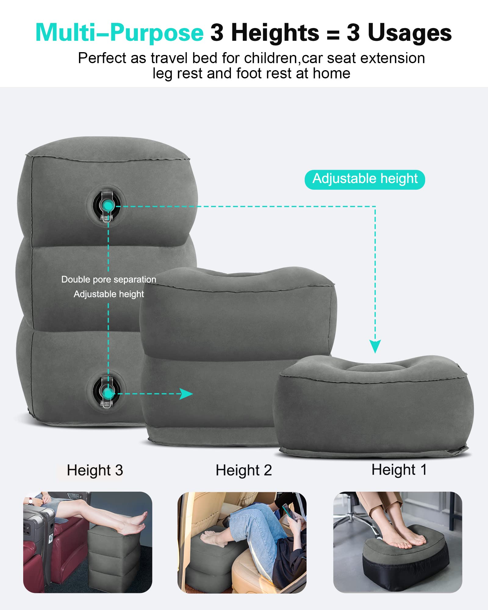 BLABOK Inflatable Foot Rest for Air Travel, Airplane Footrest Adjustable Height Travel Foot Pillow Kids Bed,Portable Foot Rest Pillow for Kids & Adults on Plane,Car,Train,Office (Dark Grey)