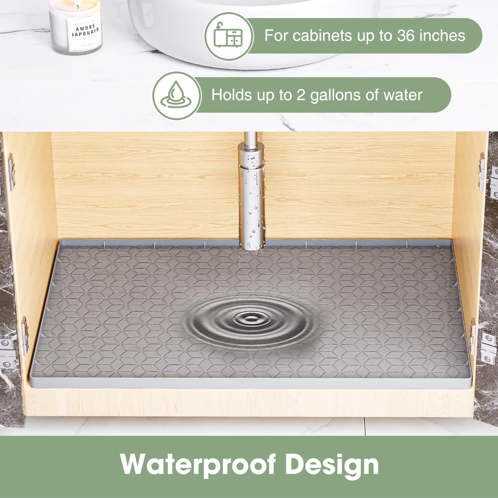 Puricon Under Sink Mat, 34” x 22” Under Sink Mats for Kitchen Waterproof, Silicone Under Sink Liner Under Cabinet Rubber Mat Protector, Flexible Under Sink Drip Tray for 36” Bathroom Cabinet -Gray