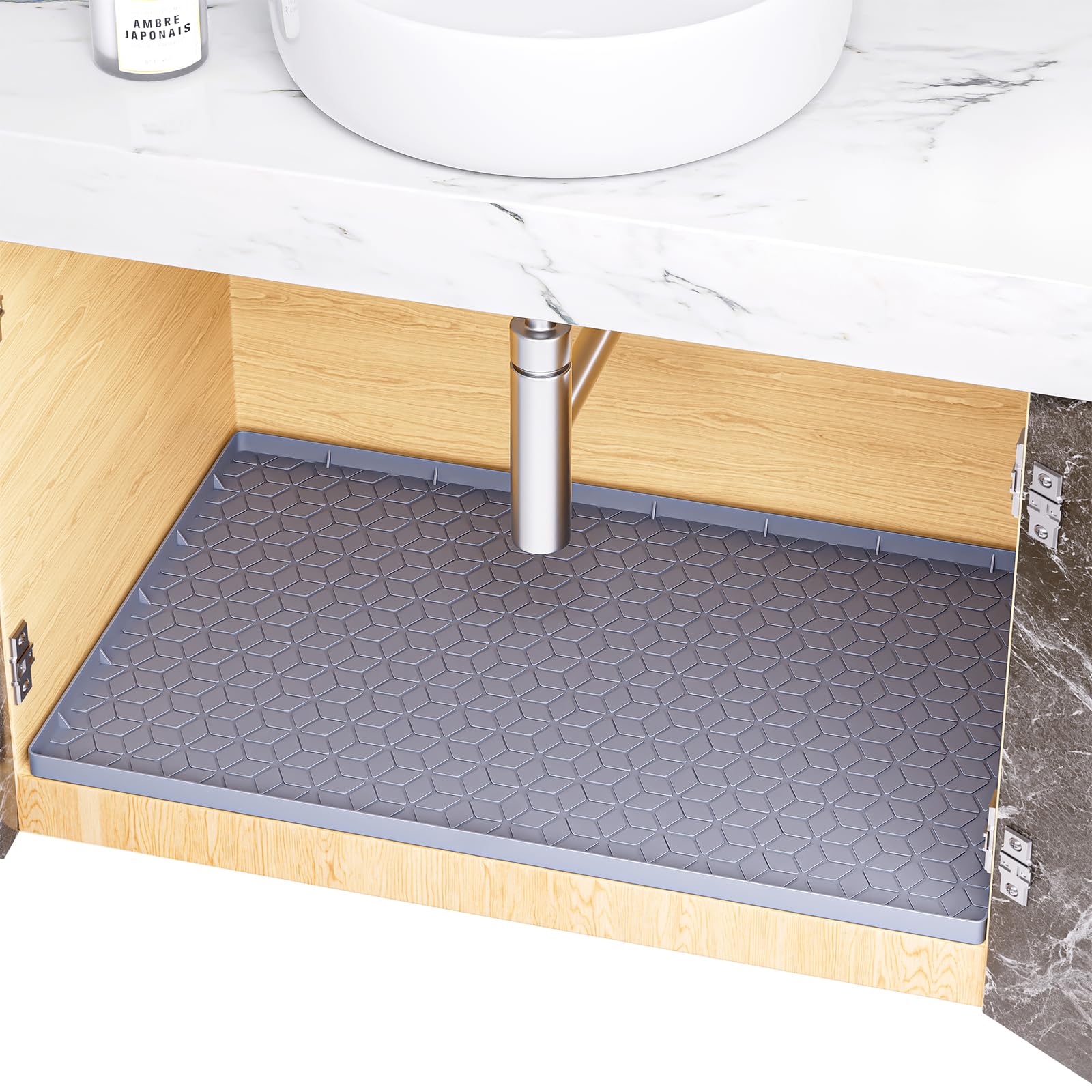 Puricon Under Sink Mat, 34” x 22” Under Sink Mats for Kitchen Waterproof, Silicone Under Sink Liner Under Cabinet Rubber Mat Protector, Flexible Under Sink Drip Tray for 36” Bathroom Cabinet -Gray