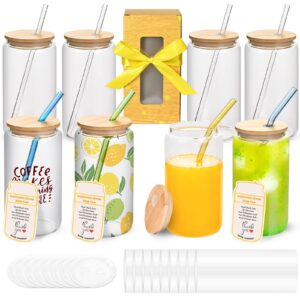 kidjfgg sublimation glass blanks with bamboo lid, 8pack 16oz clear sublimation beer can glass with glass straws gift box mason jar cups mug travel tumbler for beer, juice, soda, iced coffee, drinks