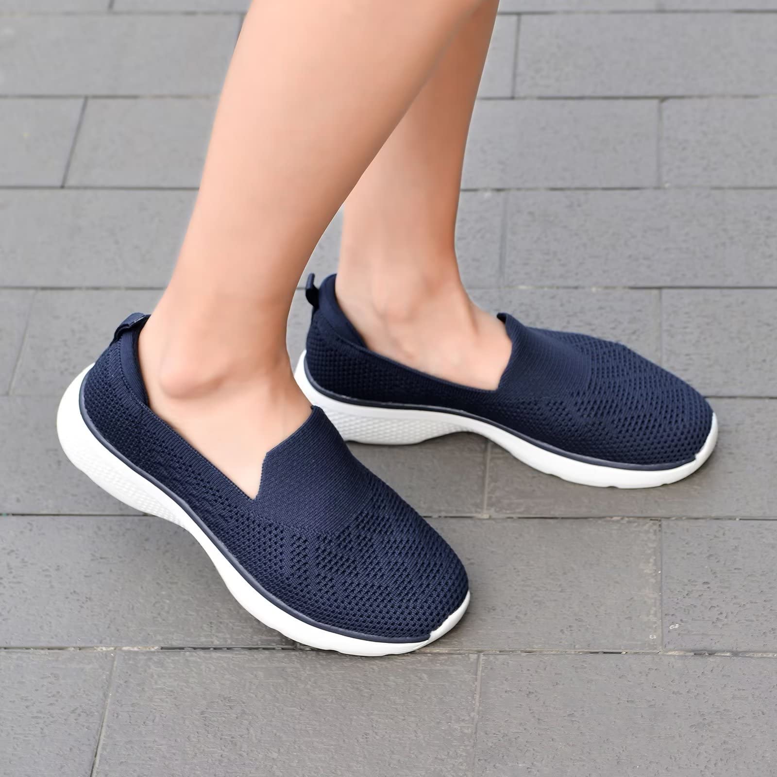 Puxowe Women's Slip-On Comfortable Driving Shoes Lightweight Tennis Sneakers Casual Walking Shoes Navy Size 8.5 US