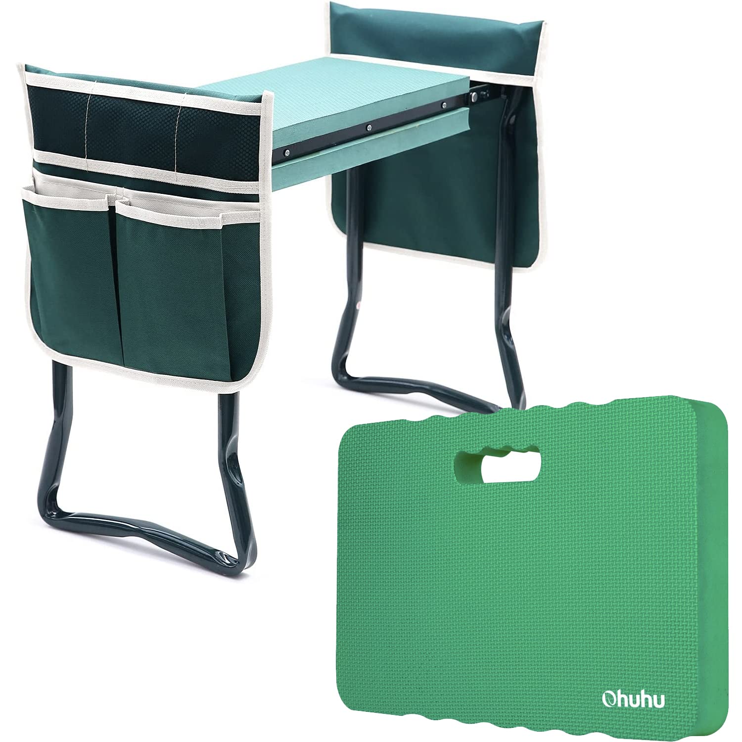 Ohuhu Garden Kneeler and Seat with Green Kneeling Pad, Upgraded Gardening Stool with Thicker and Wider EVA Foam Kneeling Pad Combo with 17x11x1.5 Inch Knee Mat