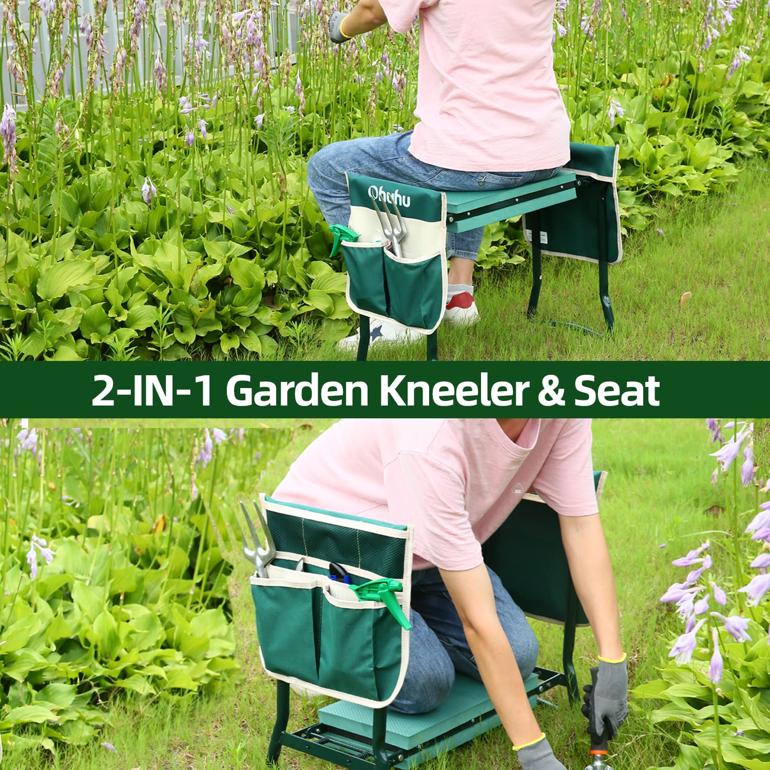 Ohuhu Garden Kneeler and Seat with Green Kneeling Pad, Upgraded Gardening Stool with Thicker and Wider EVA Foam Kneeling Pad Combo with 17x11x1.5 Inch Knee Mat