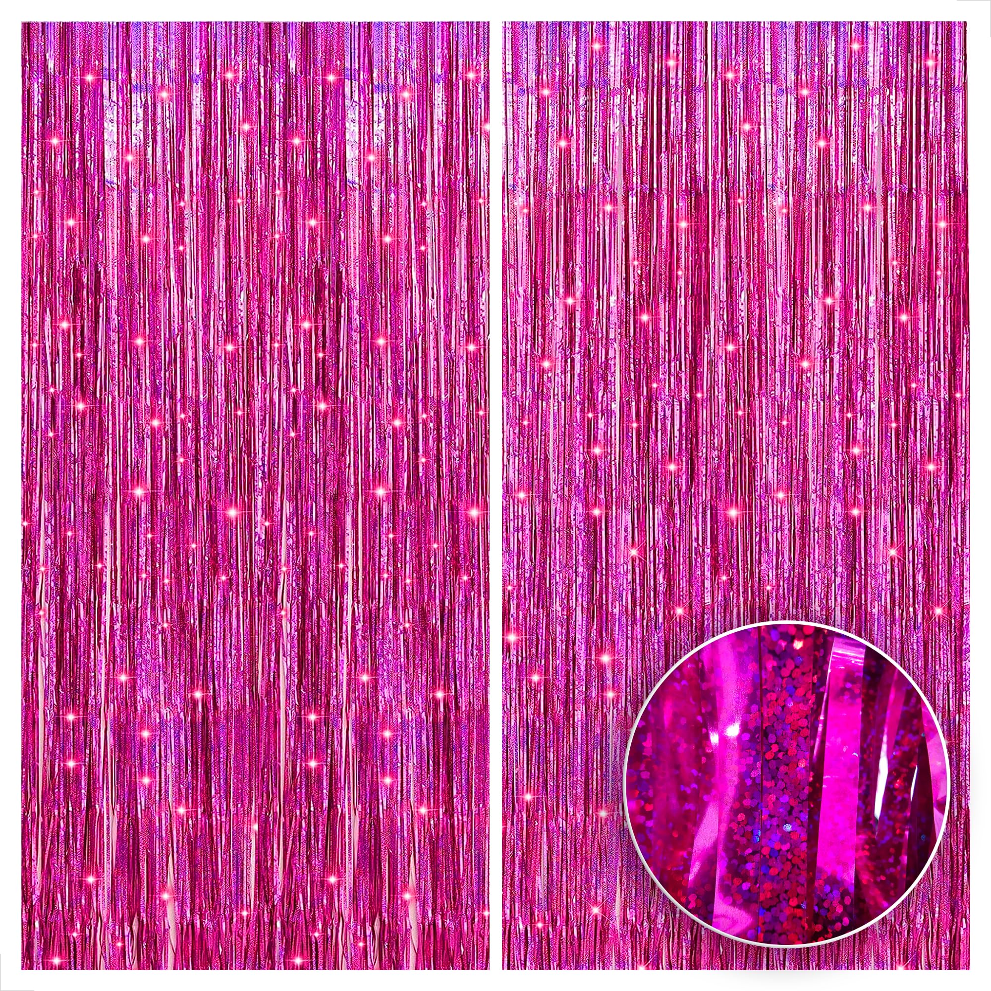 KatchOn, Iridescent Hot Pink Backdrop Curtain - Large 3.2x8 Feet, Pack of 2 | Pink Backdrop Fringe Curtain for Pink Birthday Decorations | Hot Pink Foil Fringe Curtain for Pink Party Decorations