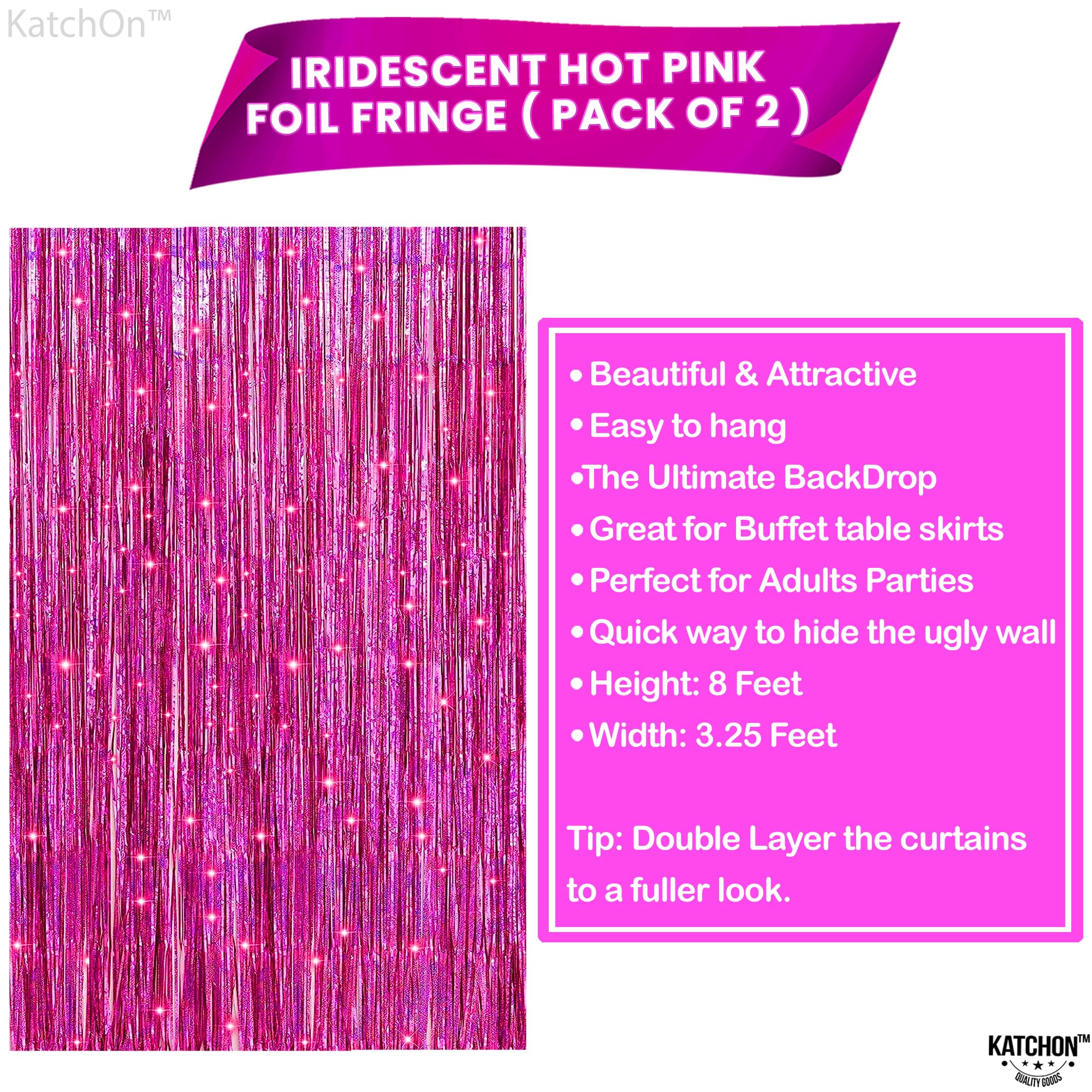 KatchOn, Iridescent Hot Pink Backdrop Curtain - Large 3.2x8 Feet, Pack of 2 | Pink Backdrop Fringe Curtain for Pink Birthday Decorations | Hot Pink Foil Fringe Curtain for Pink Party Decorations