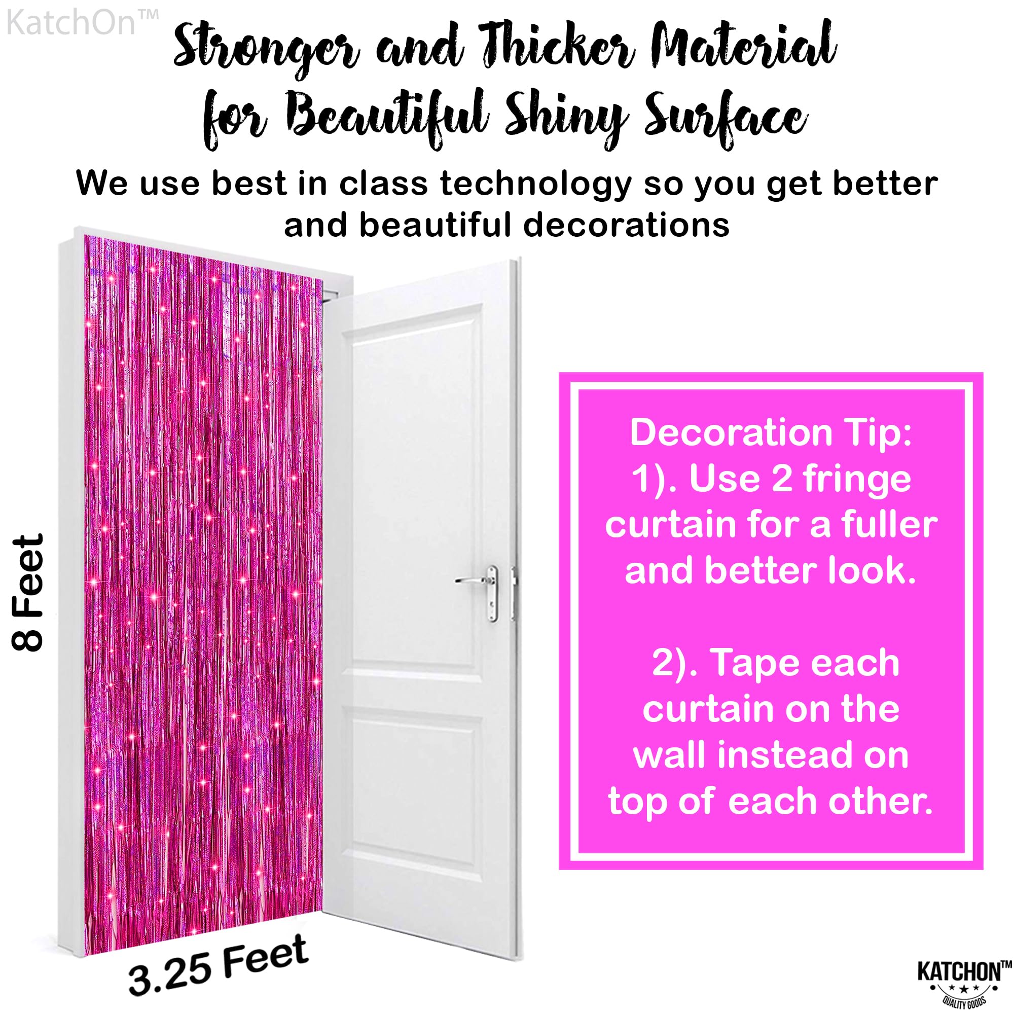 KatchOn, Iridescent Hot Pink Backdrop Curtain - Large 3.2x8 Feet, Pack of 2 | Pink Backdrop Fringe Curtain for Pink Birthday Decorations | Hot Pink Foil Fringe Curtain for Pink Party Decorations