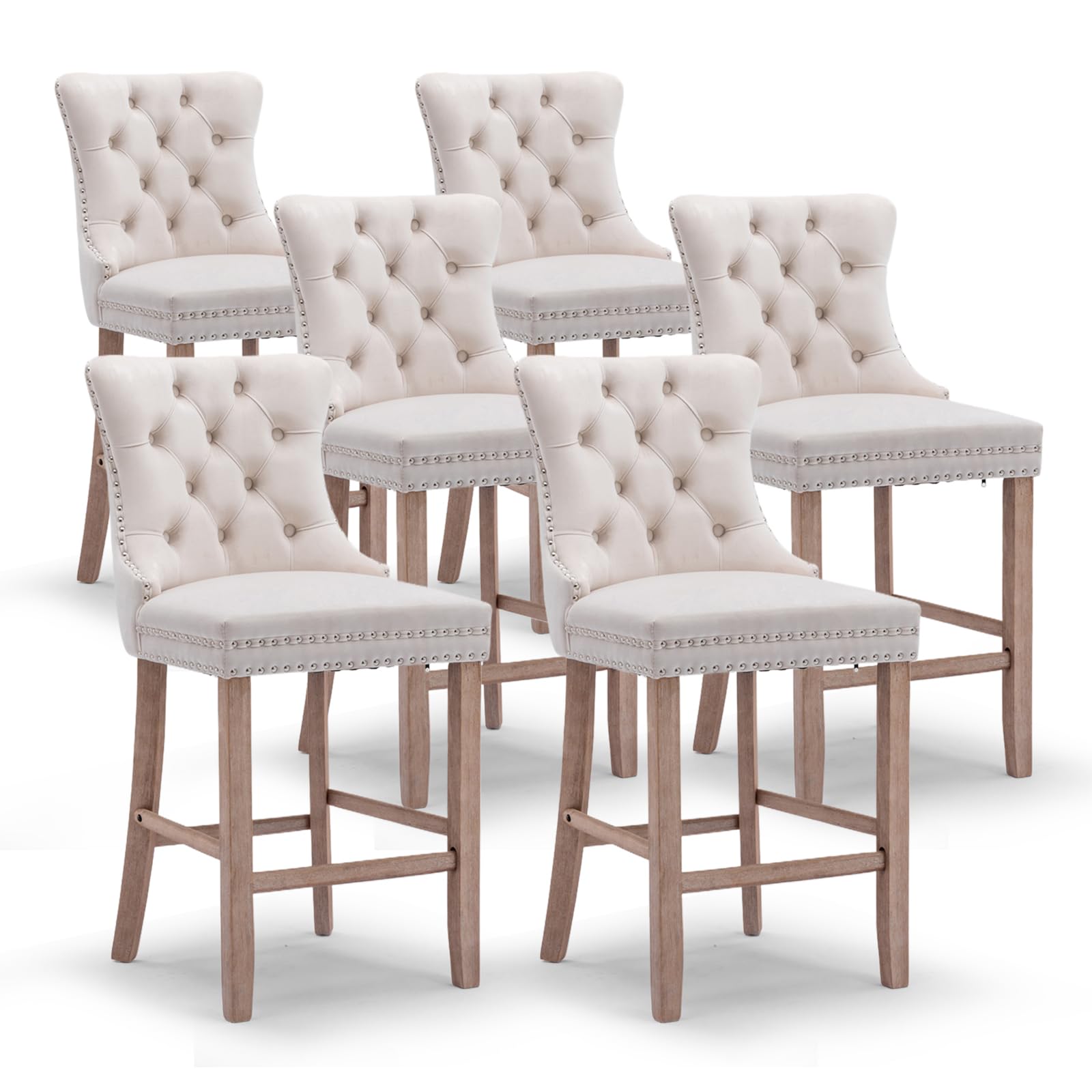 JETEAGO Bar Stools Set of 6, Velvet Upholstered Bar Stool for Kitchen Island, Counter Stools with Nailhead Trim, Beige